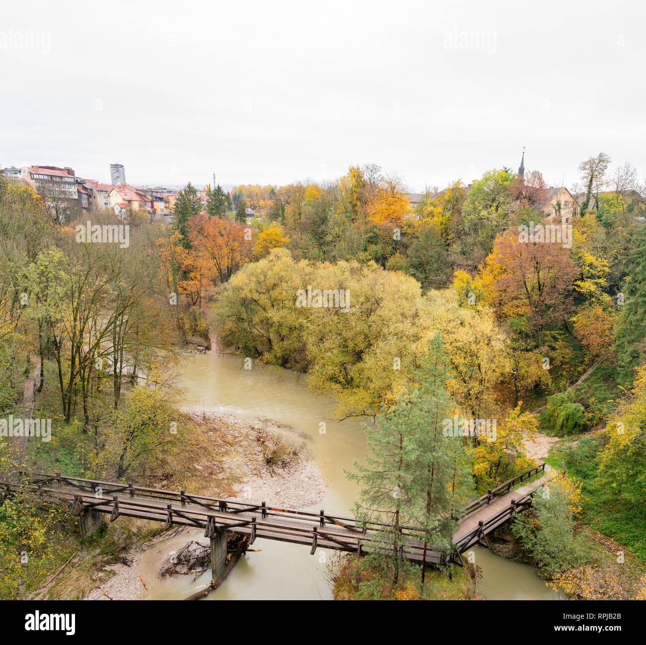 Fall color with the Kokra River, Kanjon Kokre bridge in a cloudy day at ...