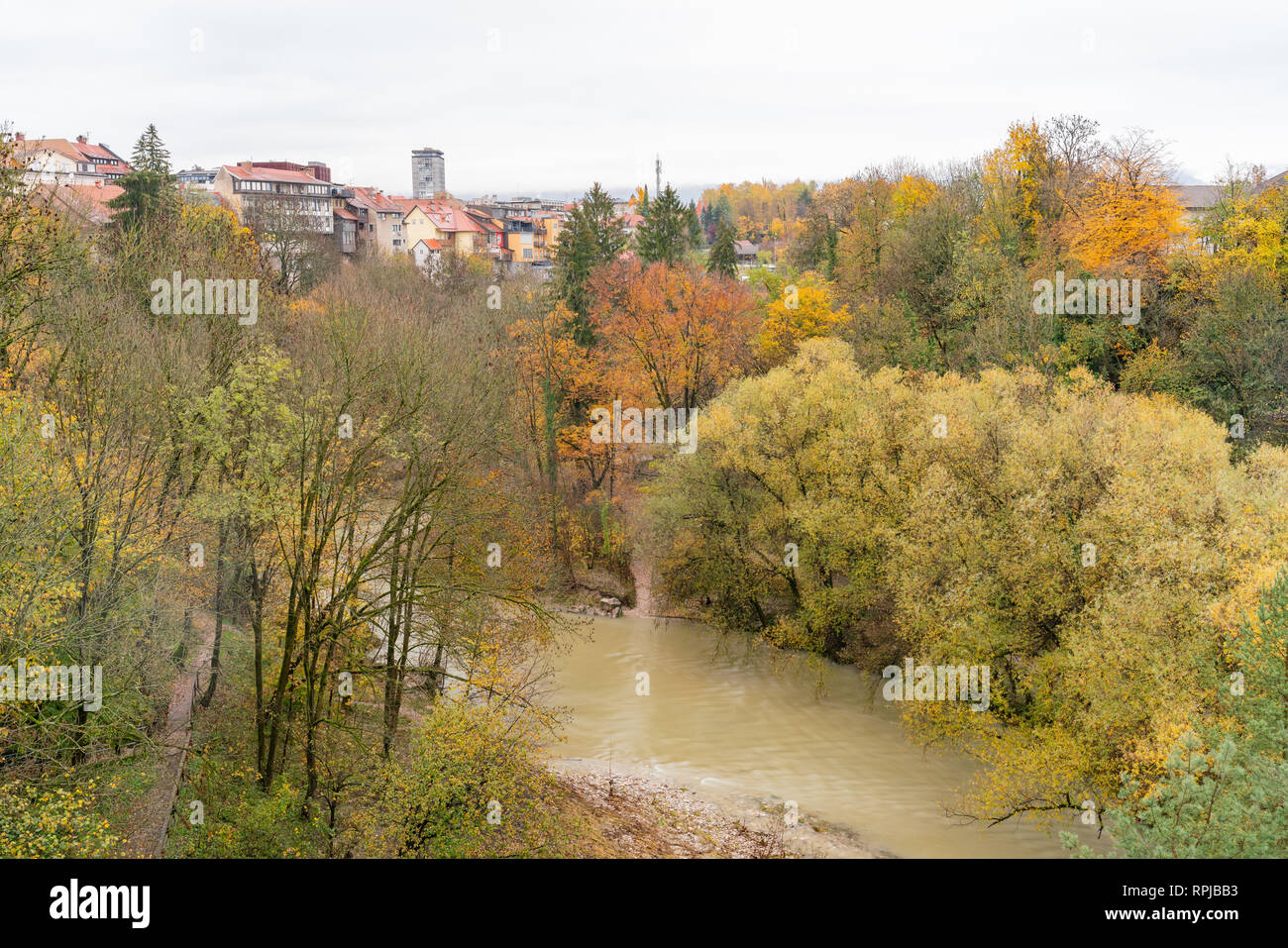 Fall color with the Kokra River in a cloudy day at Kranj, Slovenia ...
