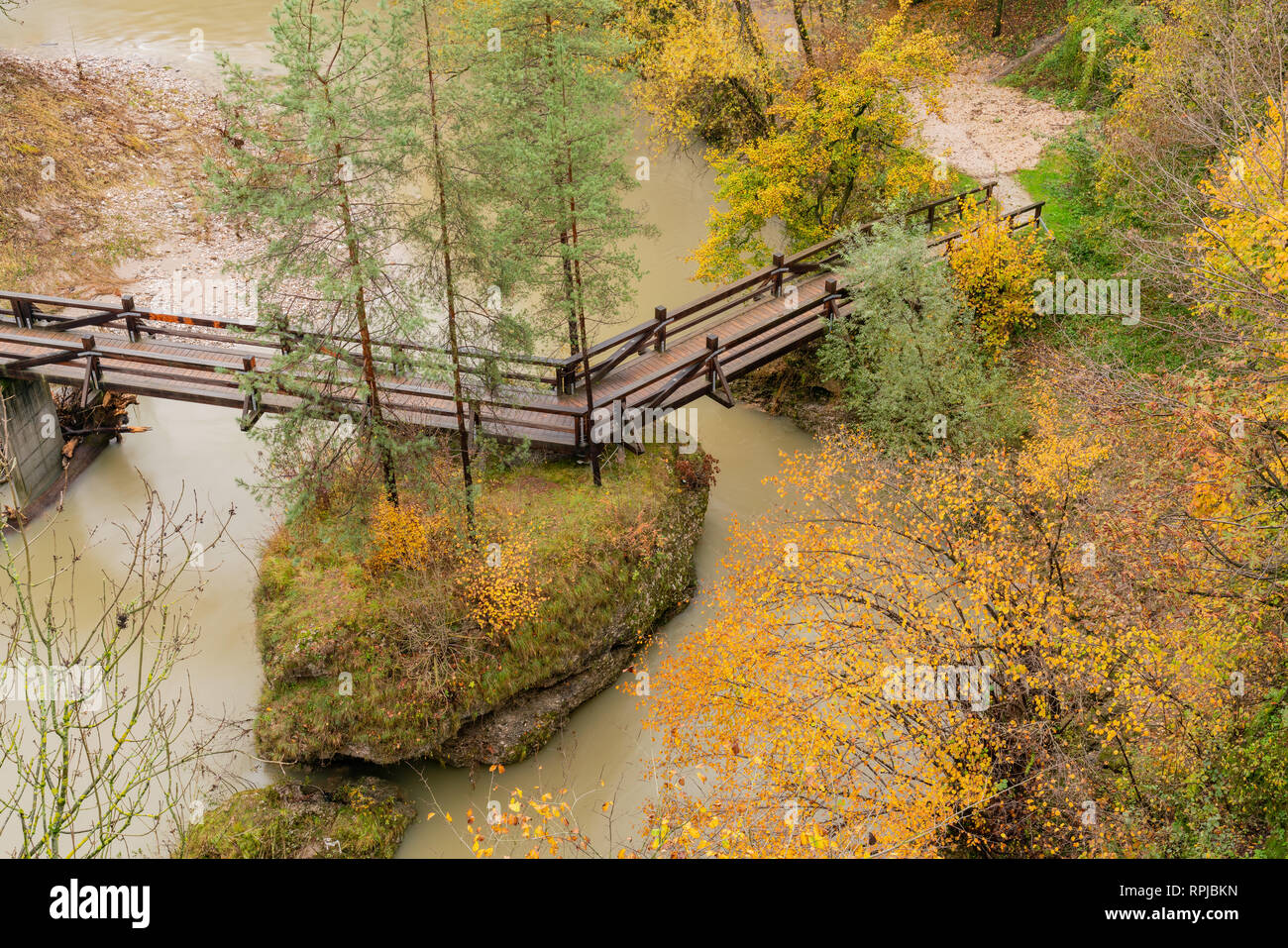 Fall color with the Kokra River, Kanjon Kokre bridge in a cloudy day at ...