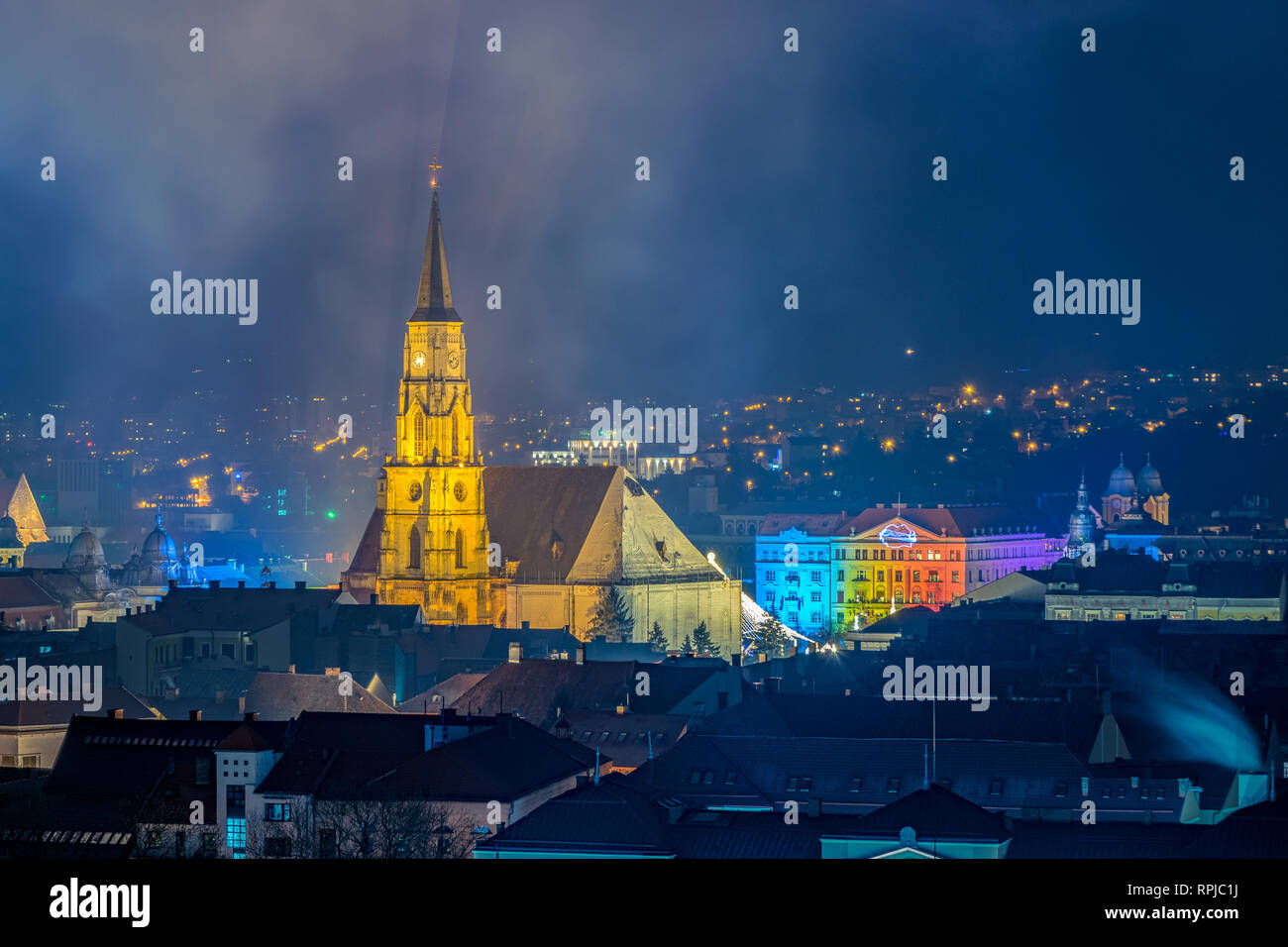 The old city of Cluj-Napoca with the Franciscan Church and St. Michael ...
