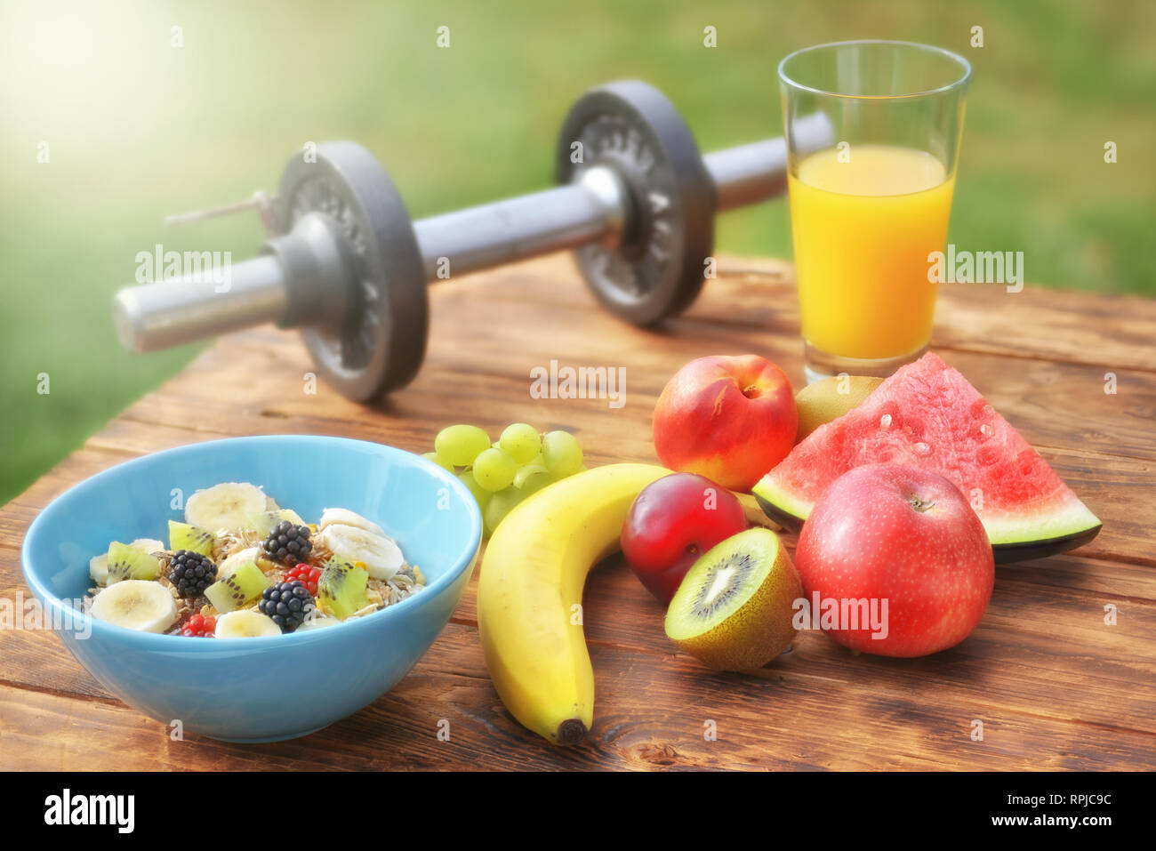 Sporty and healthy breakfast with fruit Stock Photo - Alamy