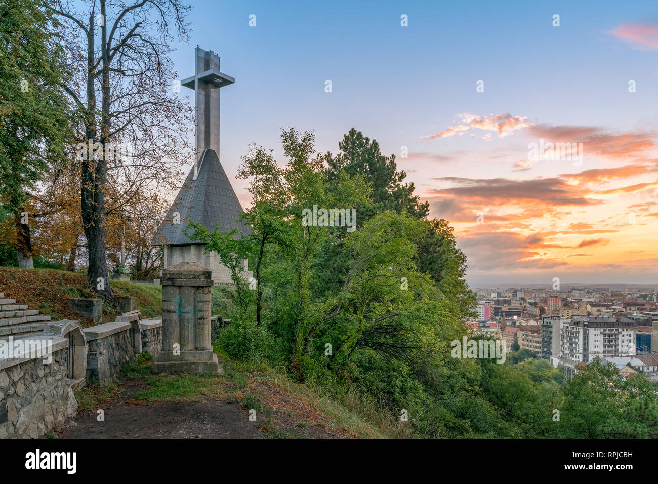 Cluj city overview at sunrise from Cetatuia Hill in Cluj-Napoca ...