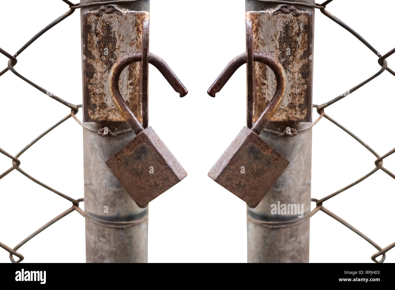 Close up of an old lock and a rusty chain on an iron gate isolated on ...