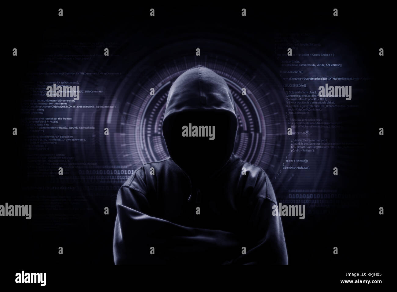 Internet crime concept. Hacker working on a code on dark digital ...