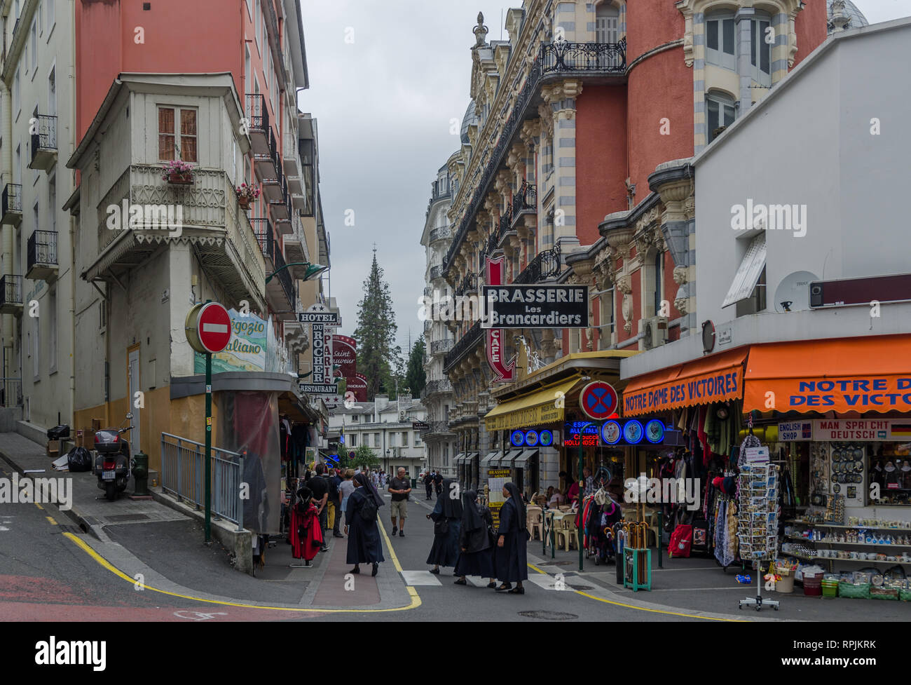 FRANCE LOURDES SEP 2018 view of strret near basilica in Lourdes town ...