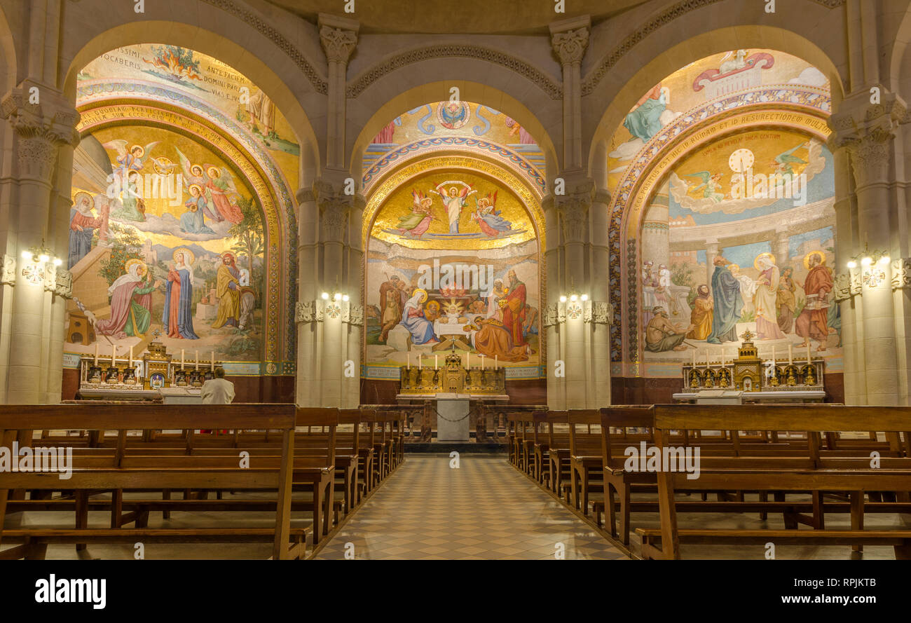 FRANCE LOURDES SEP 2018 view of interiors of basilica in Lourdes town ...