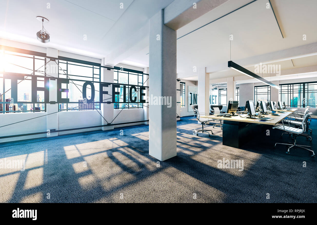 3d modern office interior render Stock Photo - Alamy