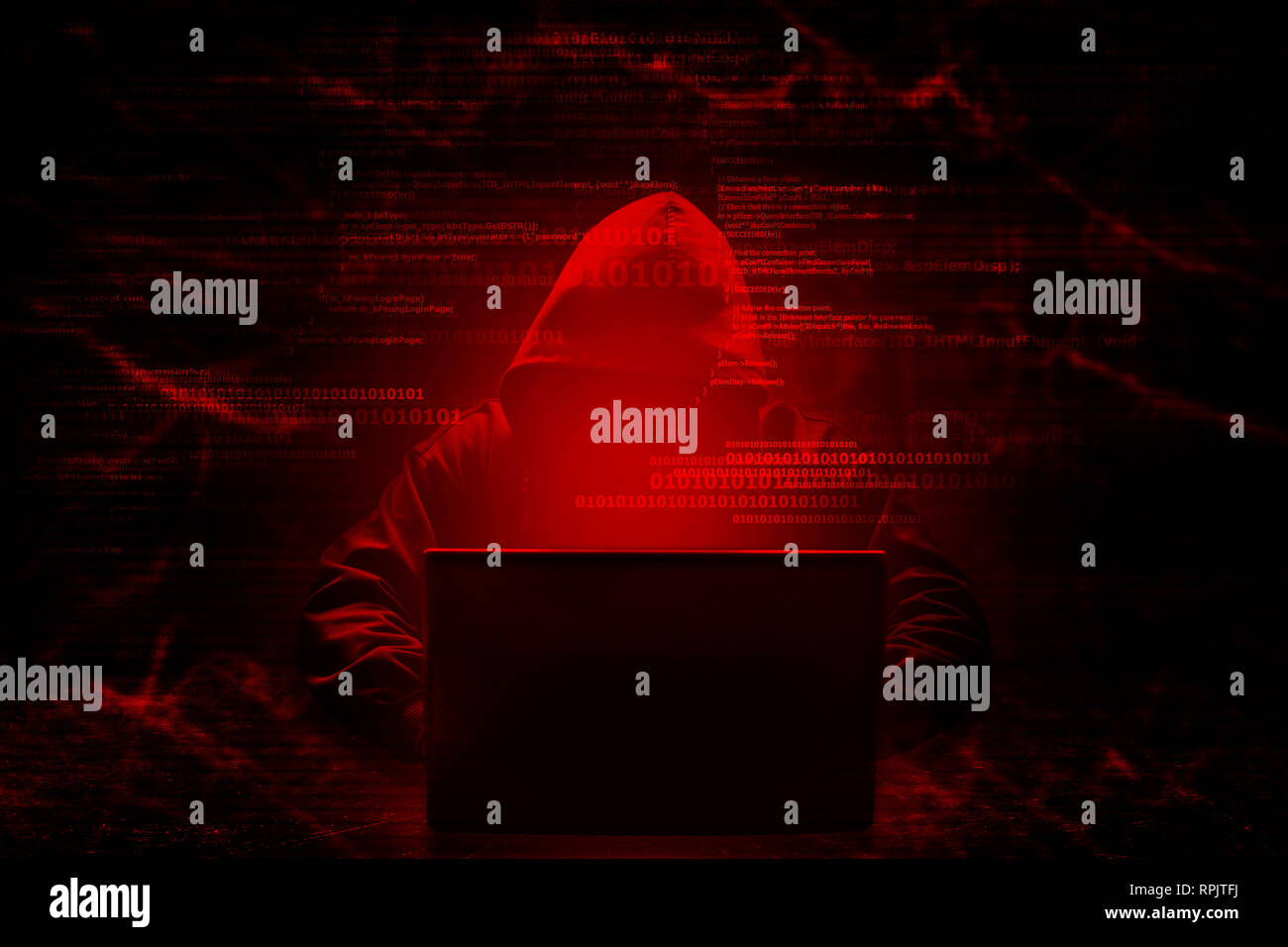 Internet crime concept. Hacker working on a code on dark digital ...