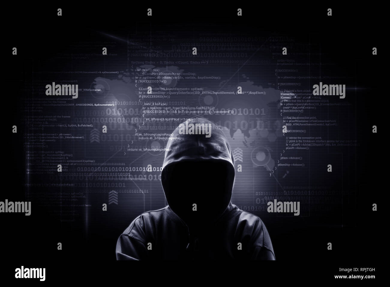 Internet crime concept. Hacker working on a code on dark digital ...