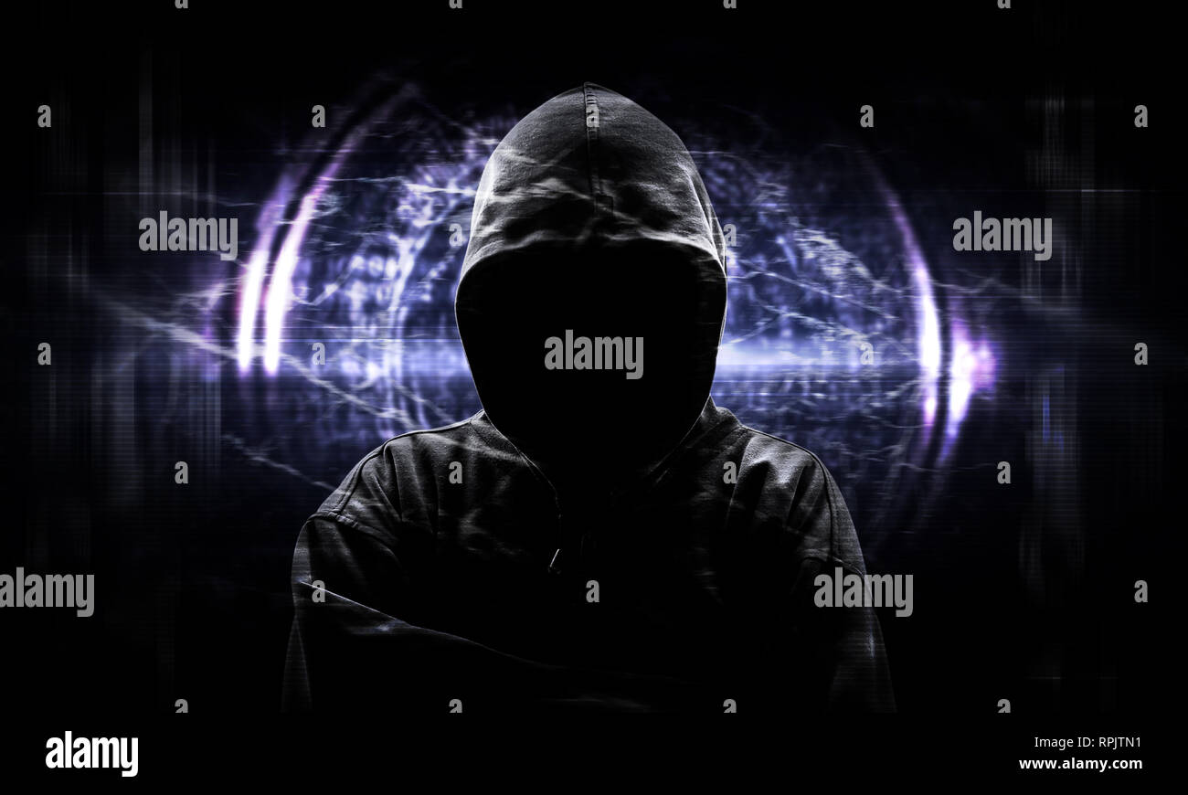 Silhouette of a hacker on black with binary codes Stock Photo - Alamy