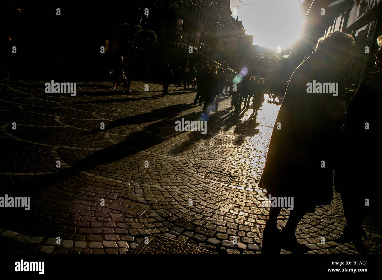 Human silhouettes in a backlight, pedestrian street, Lille, Nord ...