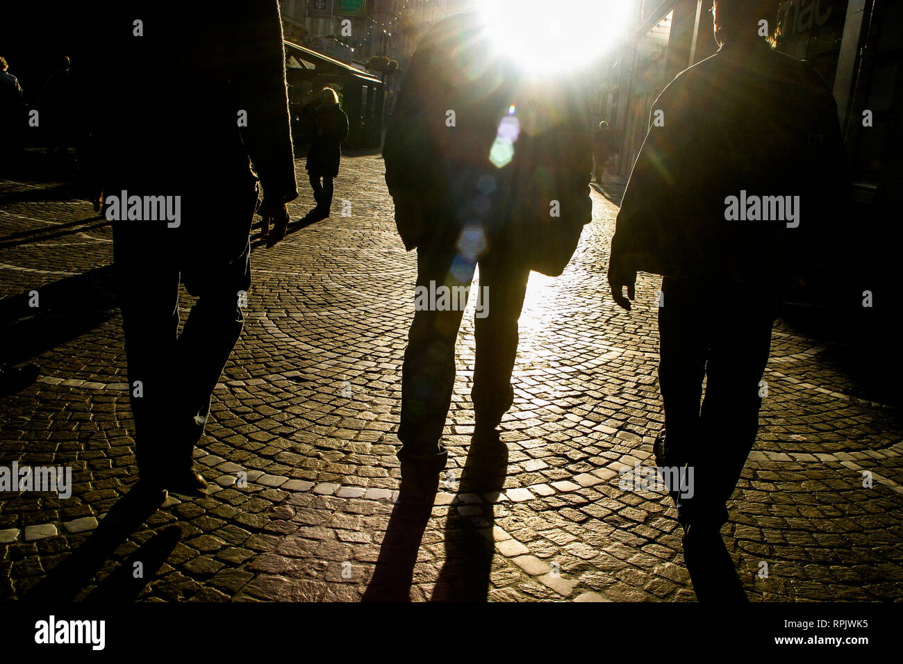 Human silhouettes in a backlight, pedestrian street, Lille, Nord ...