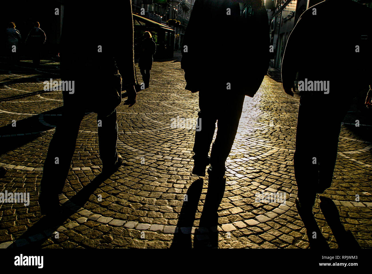 Human silhouettes in a backlight, pedestrian street, Lille, Nord ...