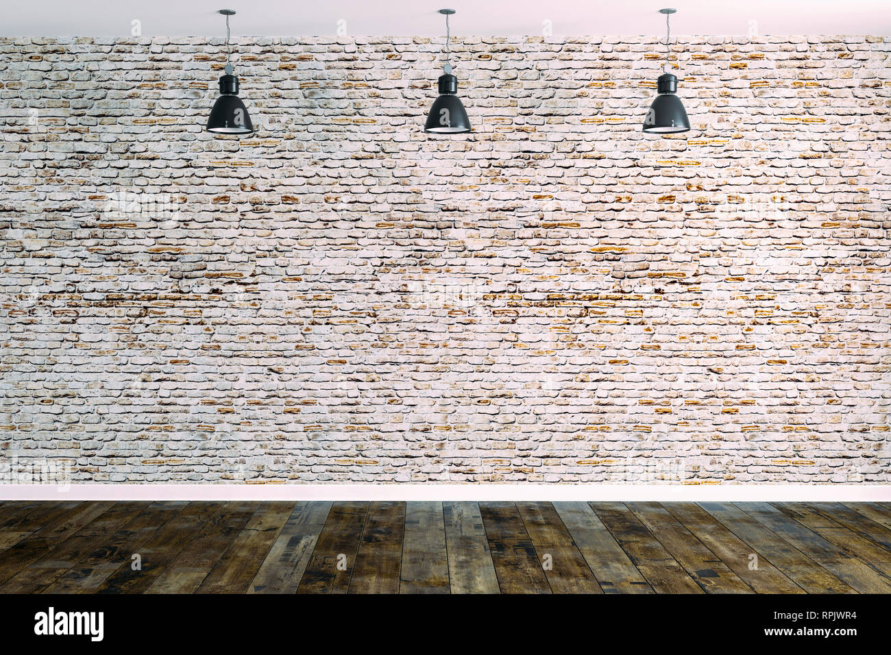 3d room with white brick wall and ceiling lamp Stock Photo - Alamy