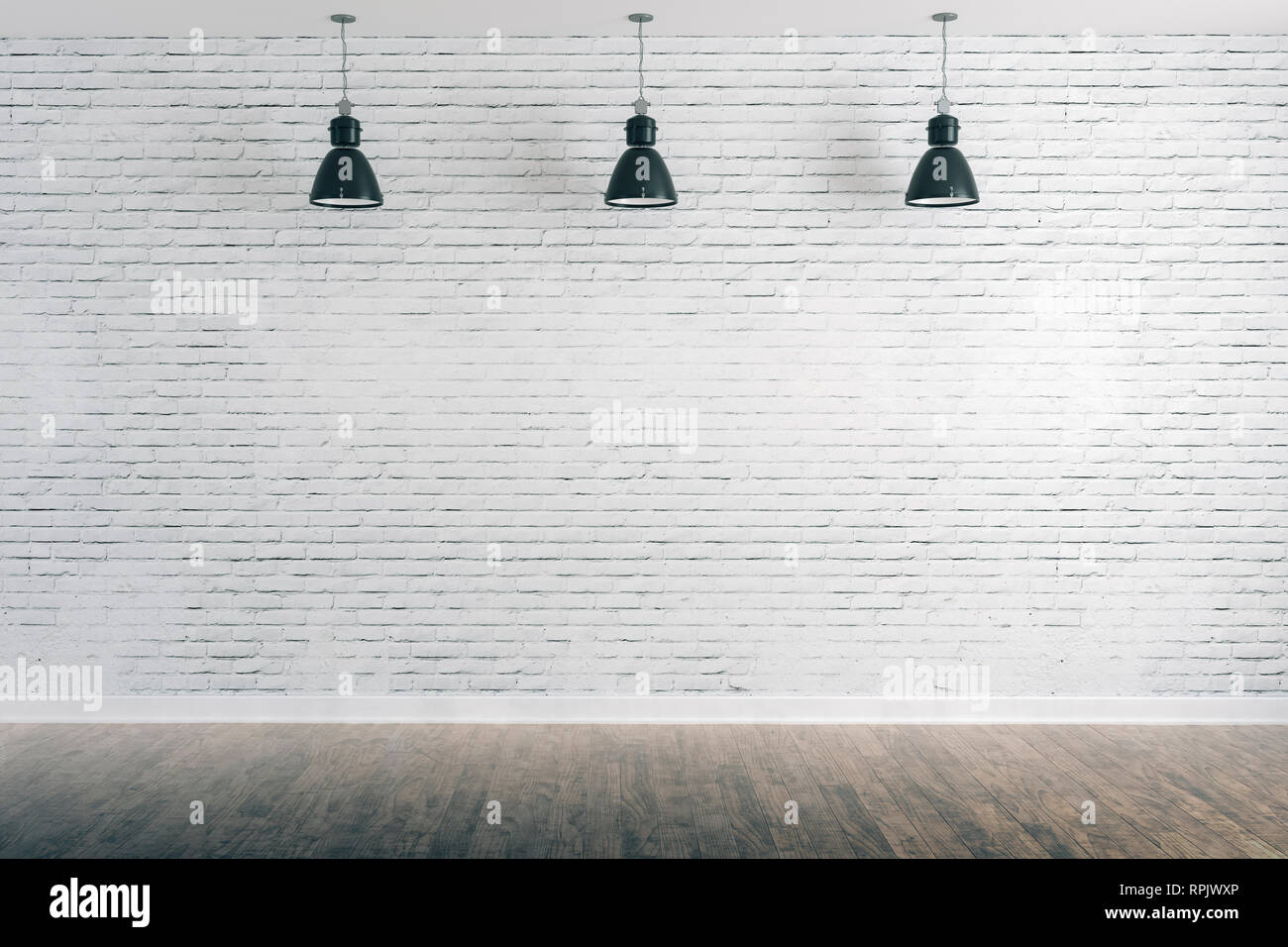 3d room with white brick wall and ceiling lamp Stock Photo - Alamy
