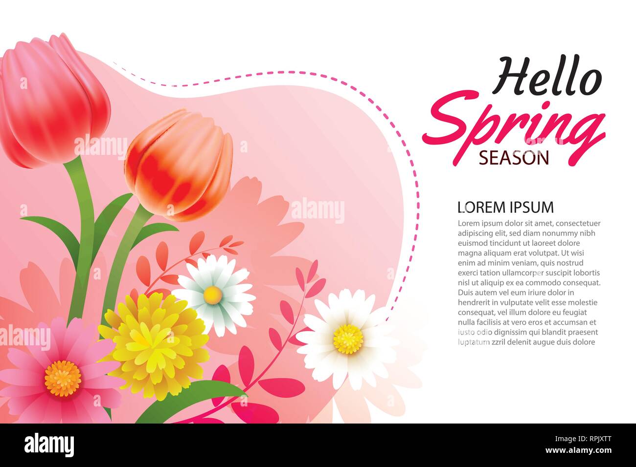 Hello spring greeting card and invitation with blooming flowers ...