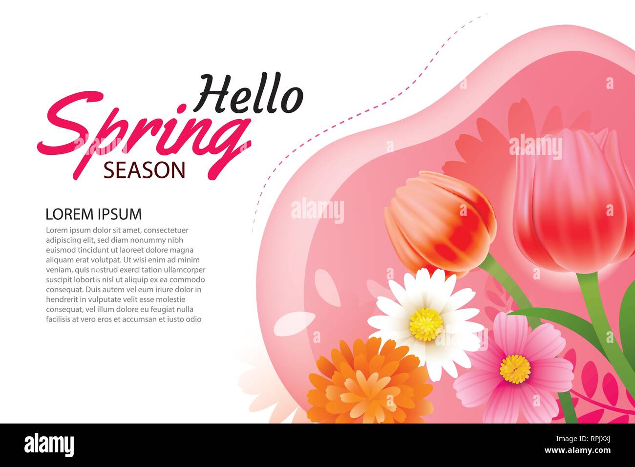 Hello spring greeting card and invitation with blooming flowers ...