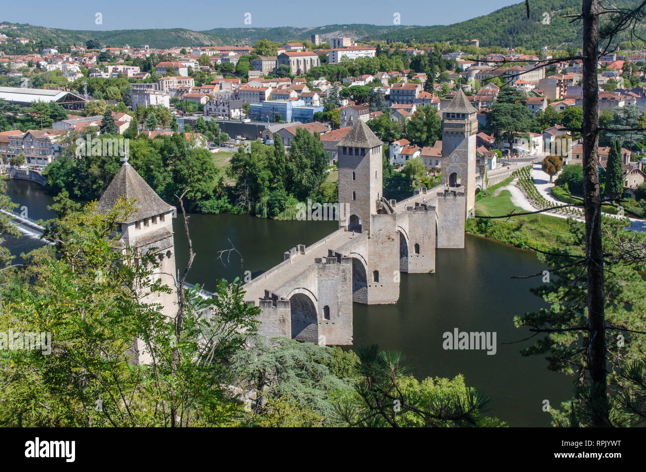 FRANCE CAHORS SEP 2018 view the medieval bridge in Cahors town. The ...