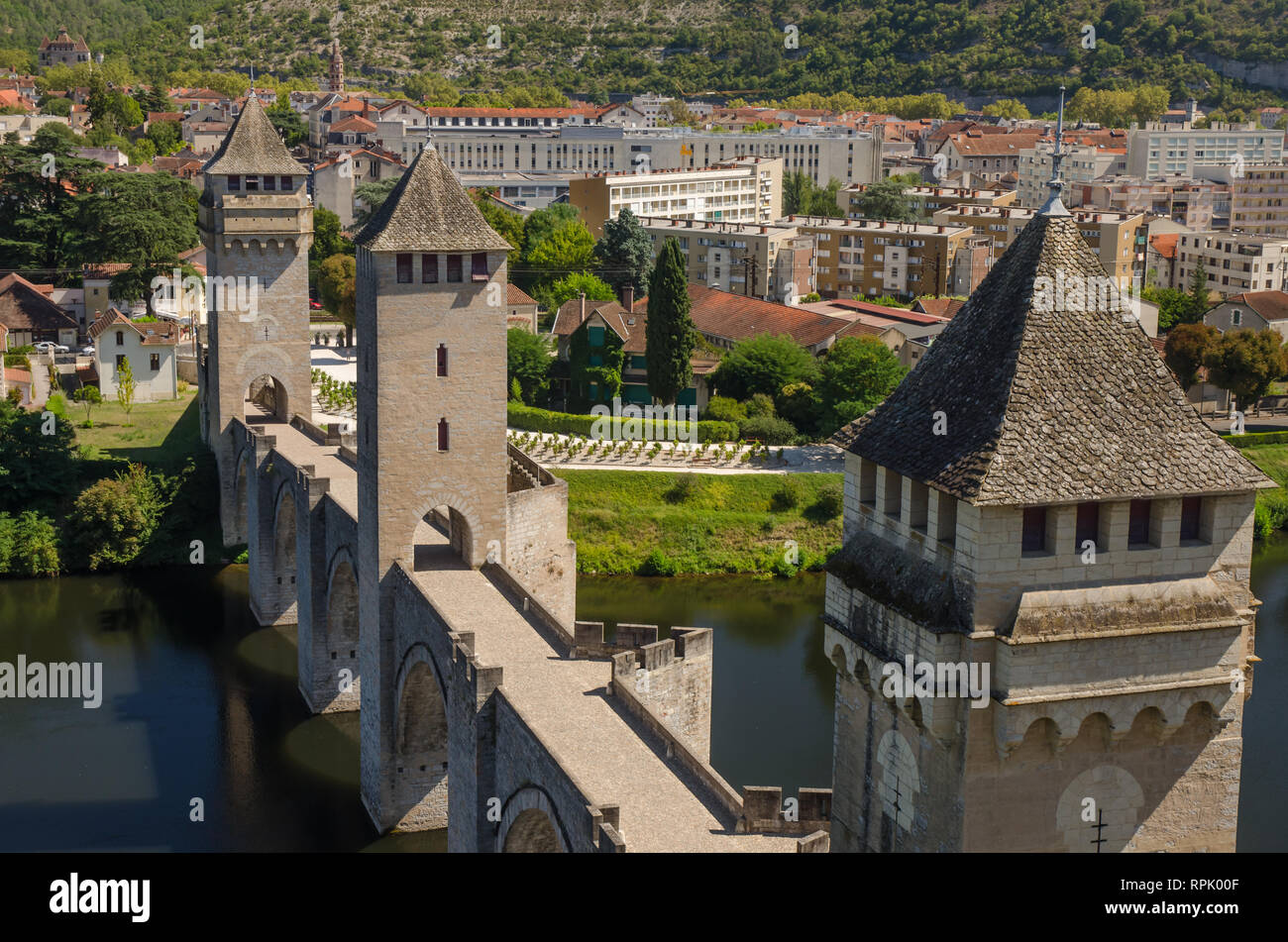 FRANCE CAHORS SEP 2018 view the medieval bridge in Cahors town. The ...
