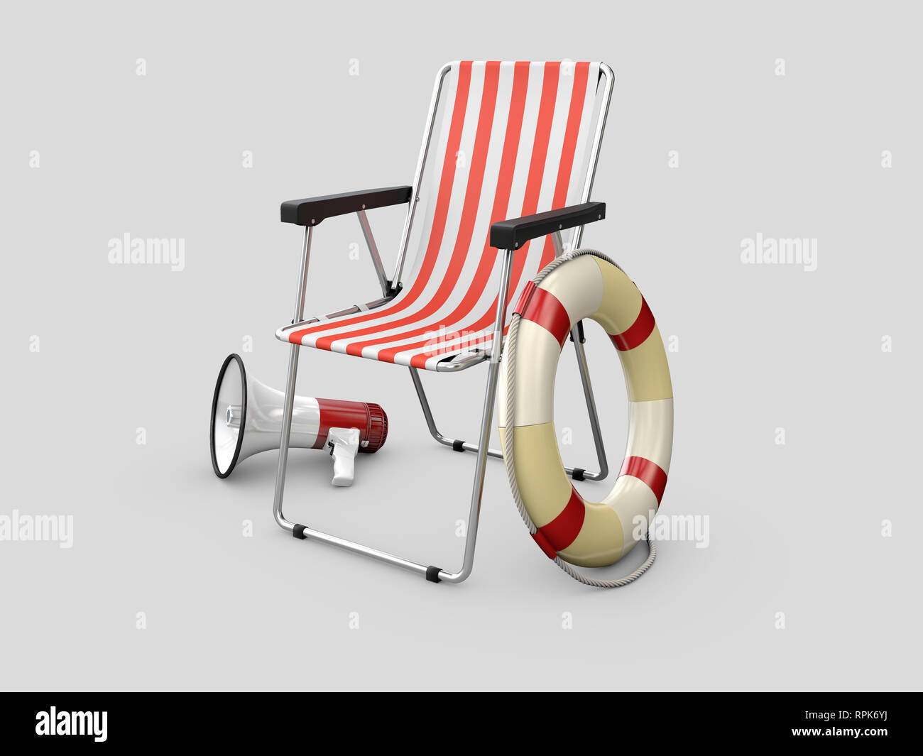 Lifeguard chair with Lifebuoy and megaphone,isolated on gray background ...