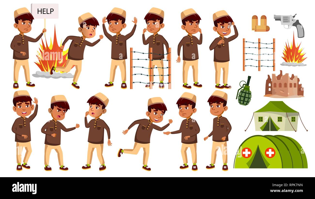 Arab, Muslim Boy Kid Poses Set Vector. Refugee, Military Conflict, War ...