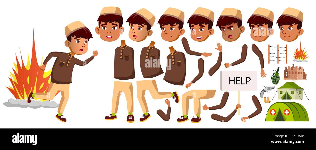 Arab, Muslim Boy Schoolboy Kid Vector. Animation Creation Set. For ...