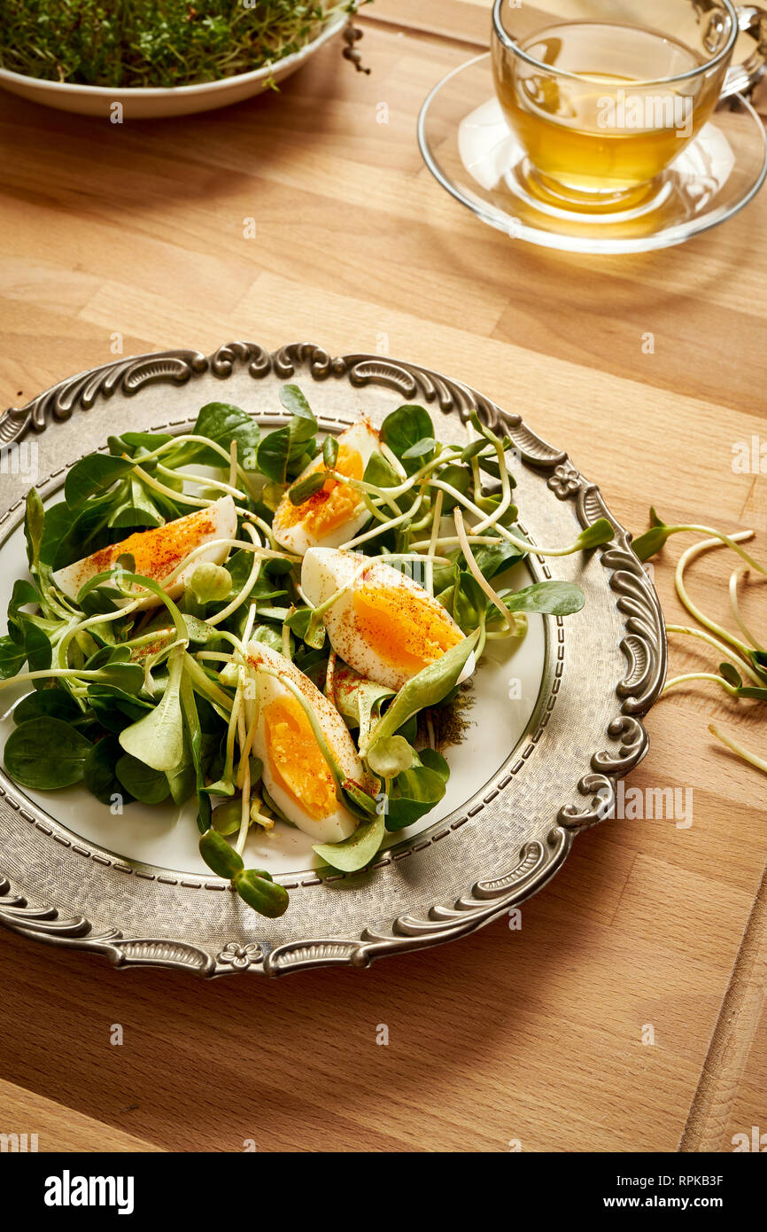 Spring and Easter breakfast with boiled eggs and cress sprouts with tea ...