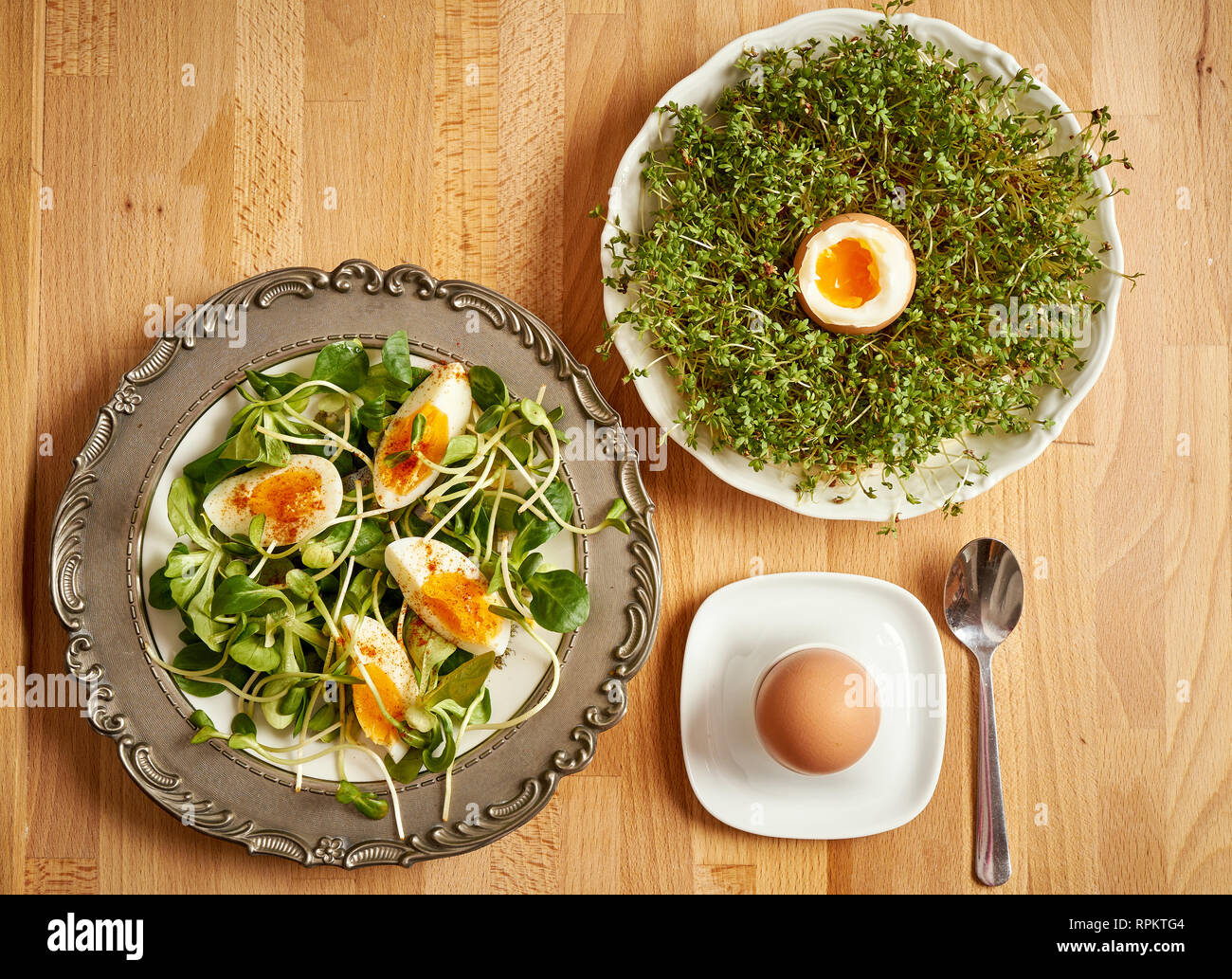 Vintage plate with spring breakfast with sunflower sprouts and lamb's ...