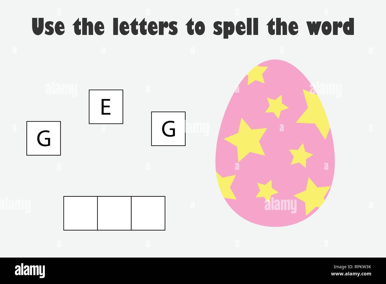 Use the letters to spell the word, egg in cartoon style, easter ...
