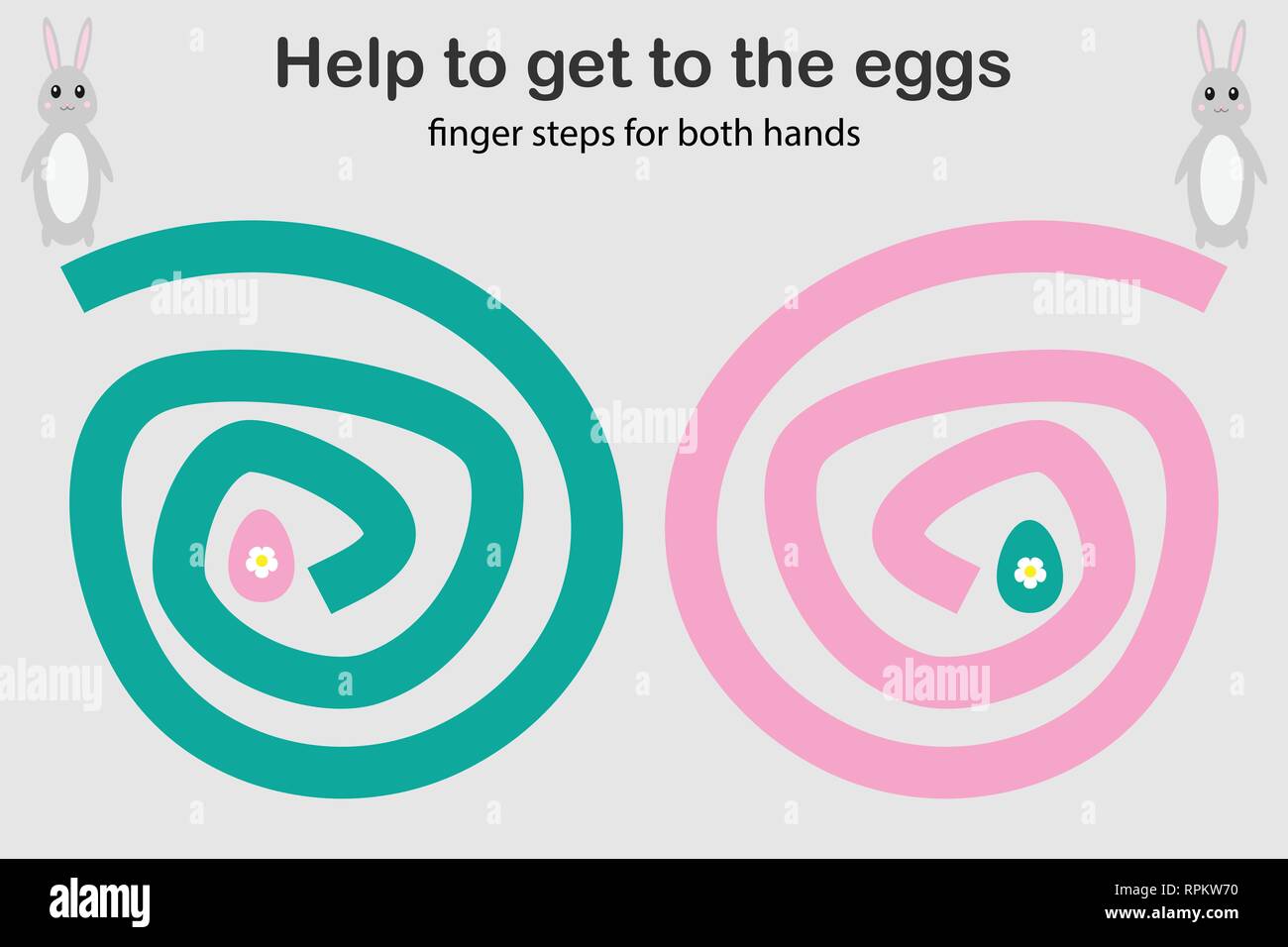 Finger steps for both hand, help the bunny to get to the eggs ...