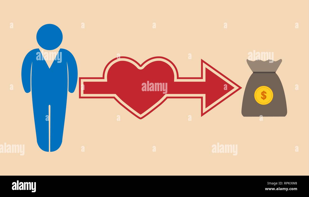 Man loves money. Silhouette of a man, an arrow with a heart and a bag ...