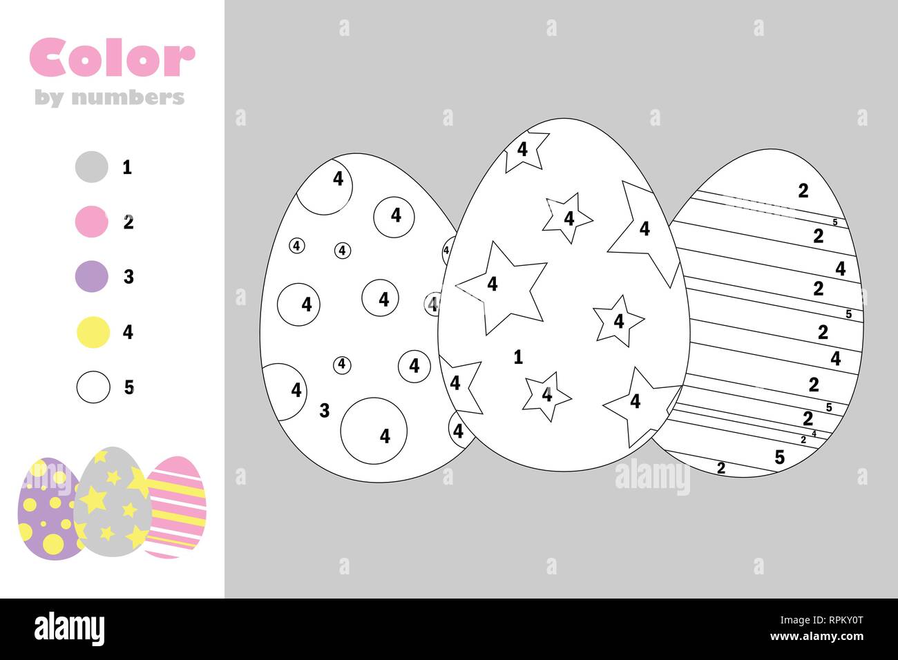 Eggs in cartoon style, color by number, easter education paper game for ...