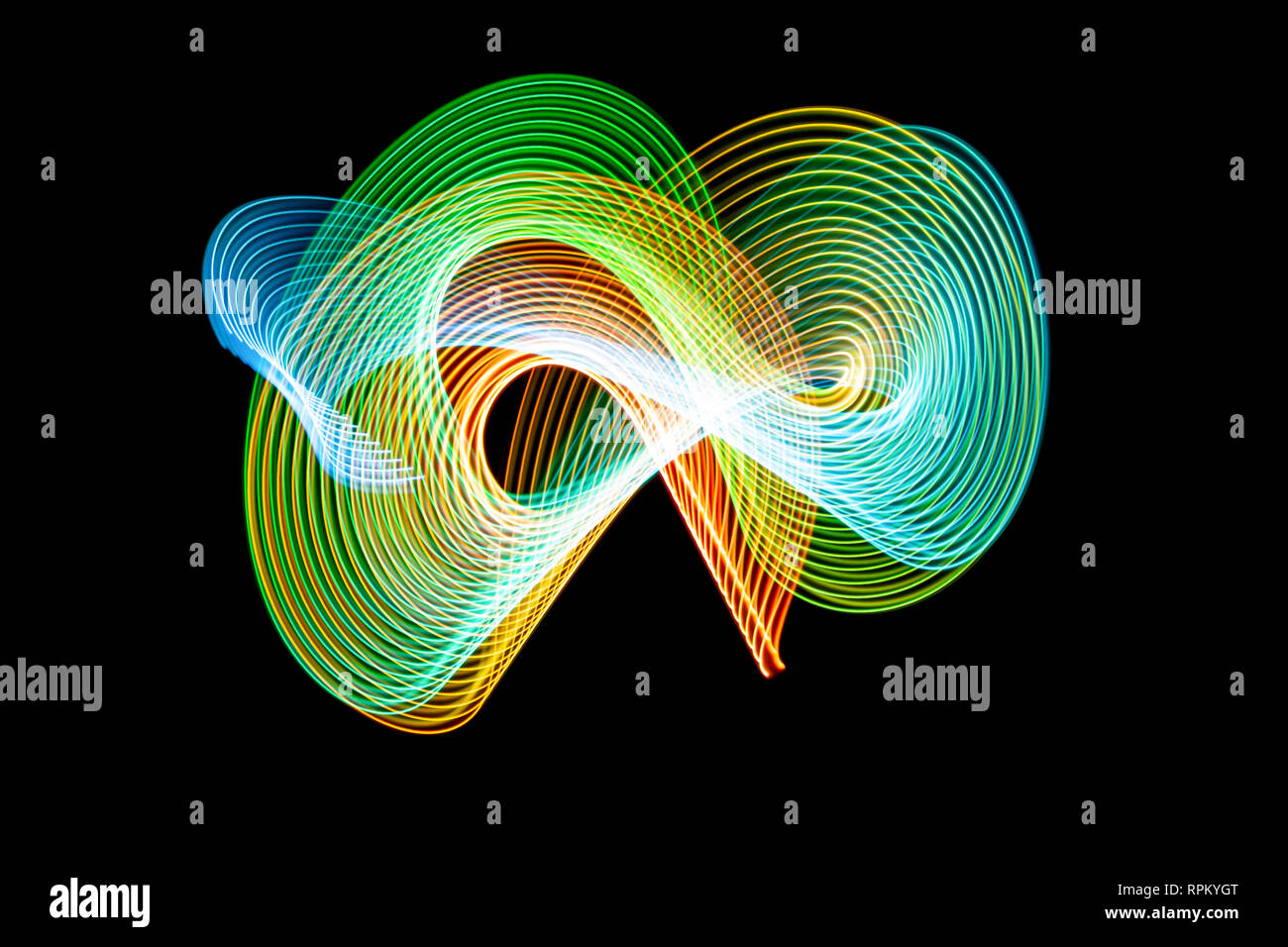 Colorful blue, yellow, green and orange neon spiral lines.Abstract background of blue neon ...