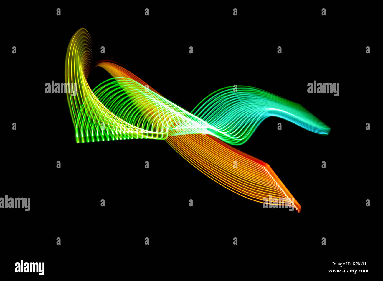 Colorful blue, yellow, green and orange neon spiral lines.Abstract background of blue neon ...