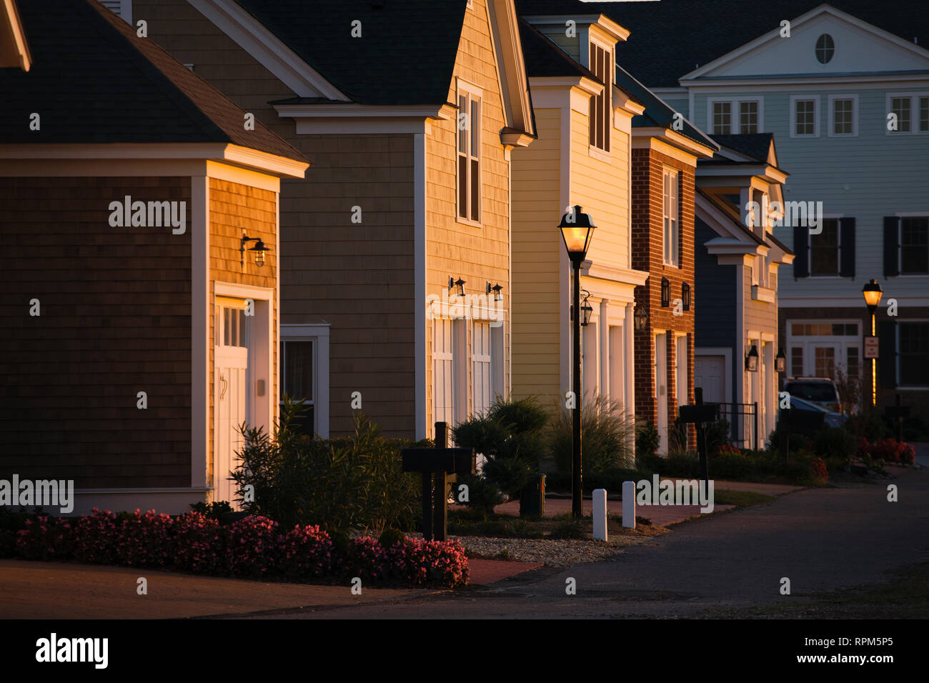 Upscale Homes And Street Lights Stock Photo - Alamy