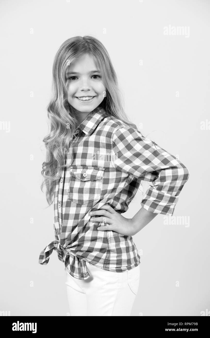 Beauty, look, hairstyle. Child model smile with long blond hair. Kid ...