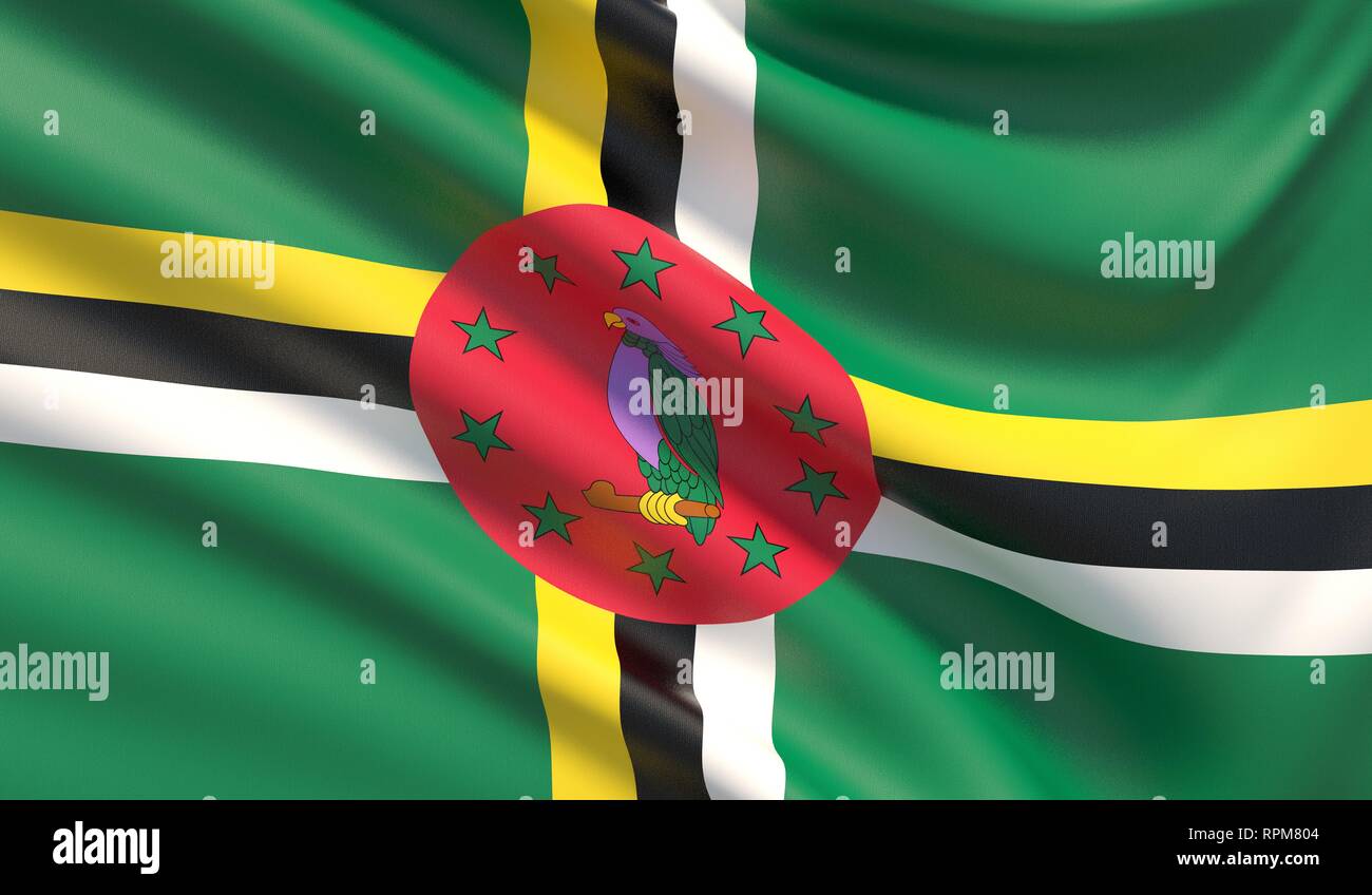 Flag of Dominica. Waved highly detailed fabric texture. 3D illustration ...