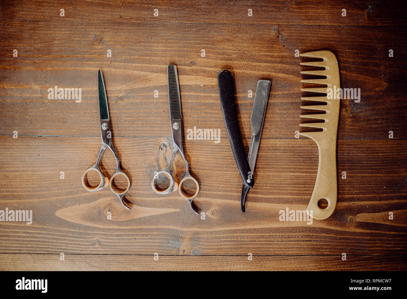 Barber Equipment And Tools On Wood Table Stock Photo - Alamy