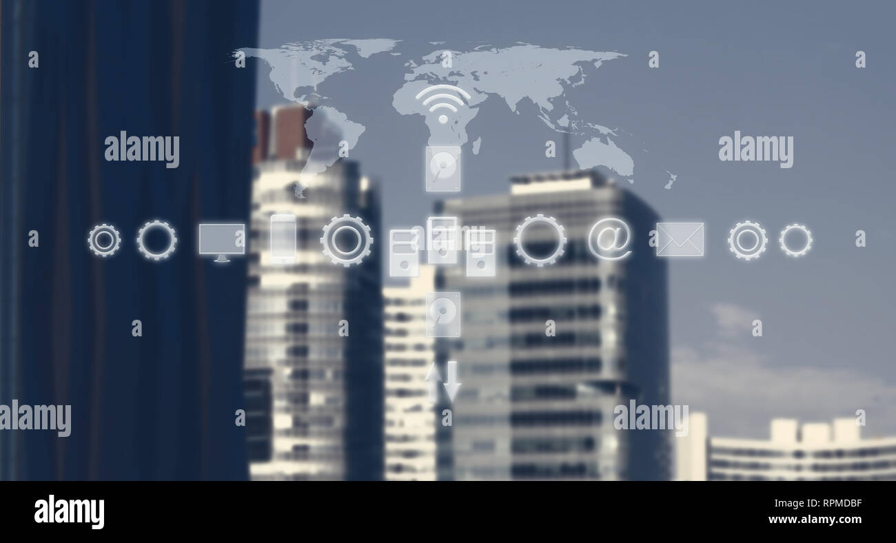 High Tech Global Business Model. Smart City And World Map With Services ...