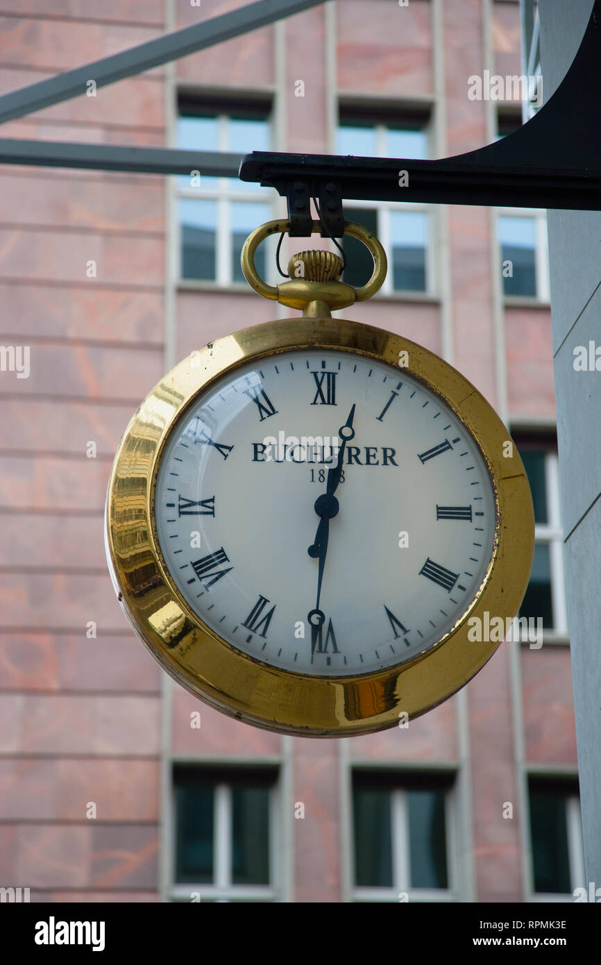 Germany, Berlin, Mitte, Friedrichstrasse, Brass pocket watch shop sign ...