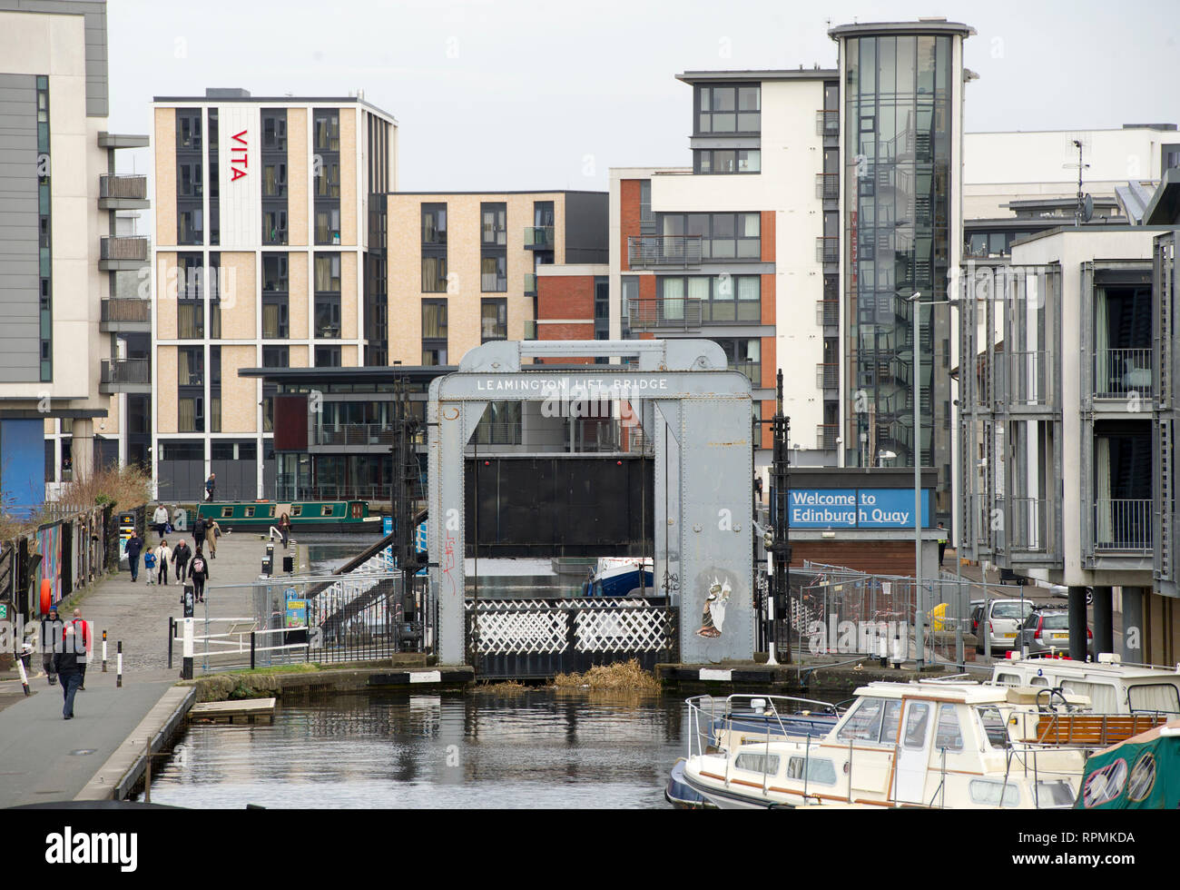 Boats moored along the Union canal at Edinburgh Quay, Edinburgh Stock ...