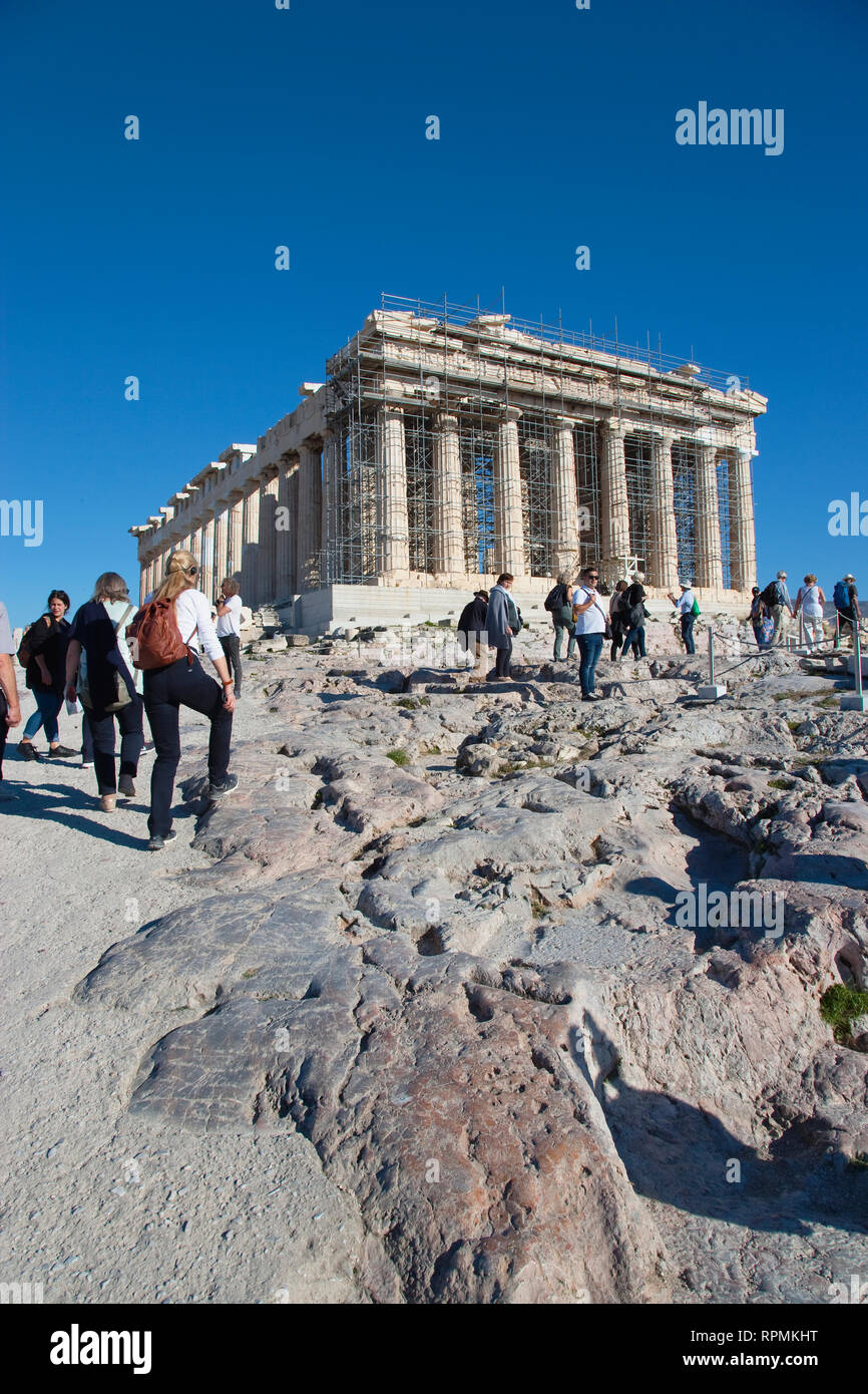 Greece, Attica, Athens, Acropolis, Parthenon with crowds of tourists ...
