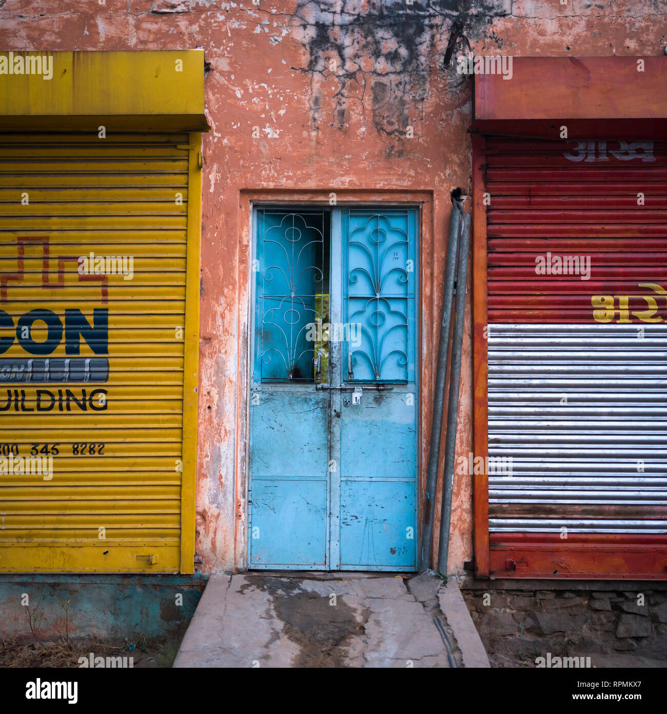 Closed shutters of shops at market, Jaipur, Rajasthan, India Stock ...