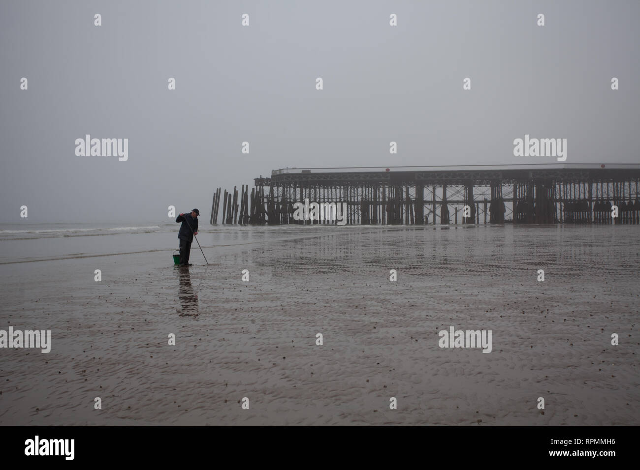 Local angler digging for sea worms at low tide during a very misty ...