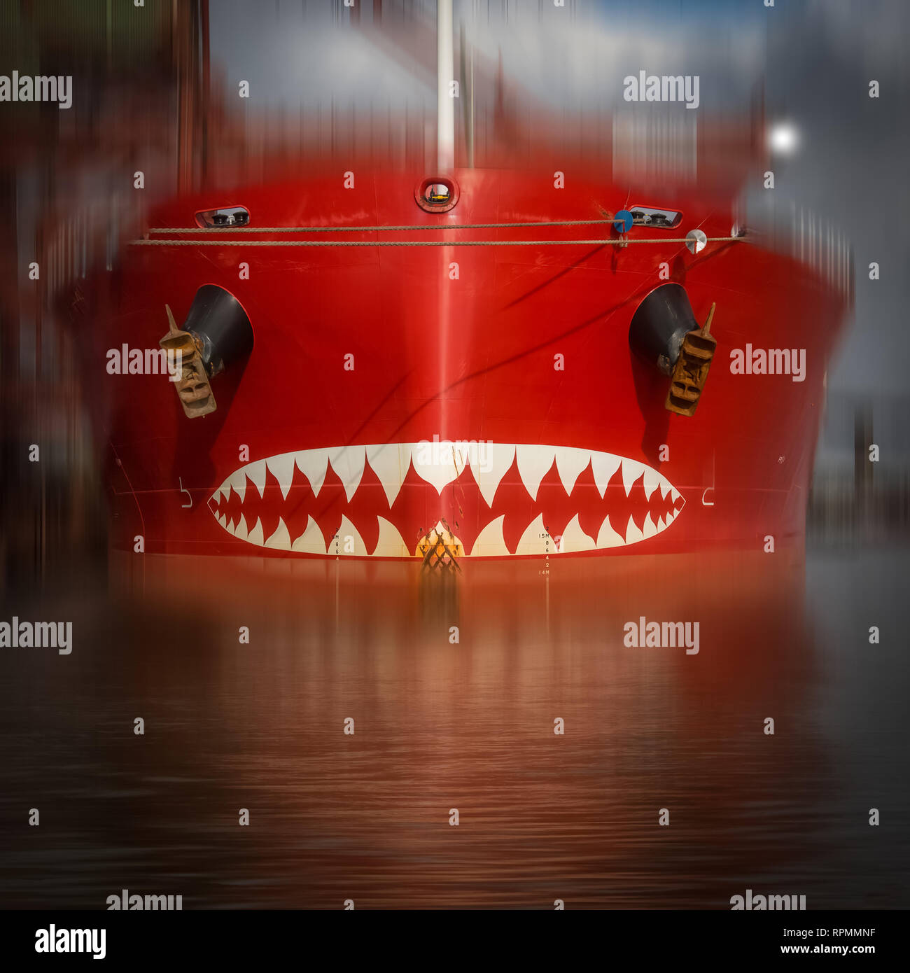 funny container ship with painted shark teeth mixed media Stock Photo ...