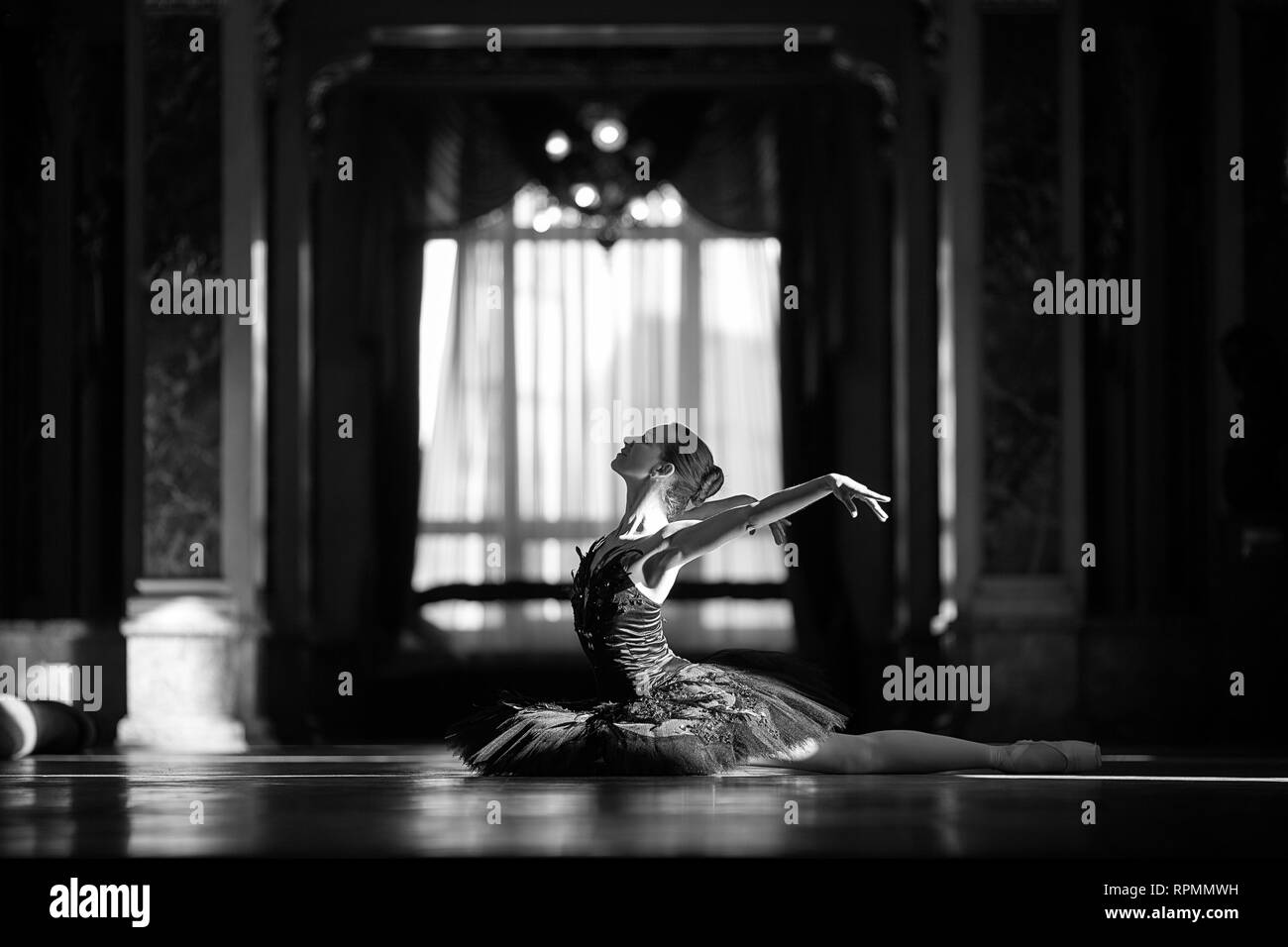 Beautiful ballerina dancing in a hall against the window. Black and ...