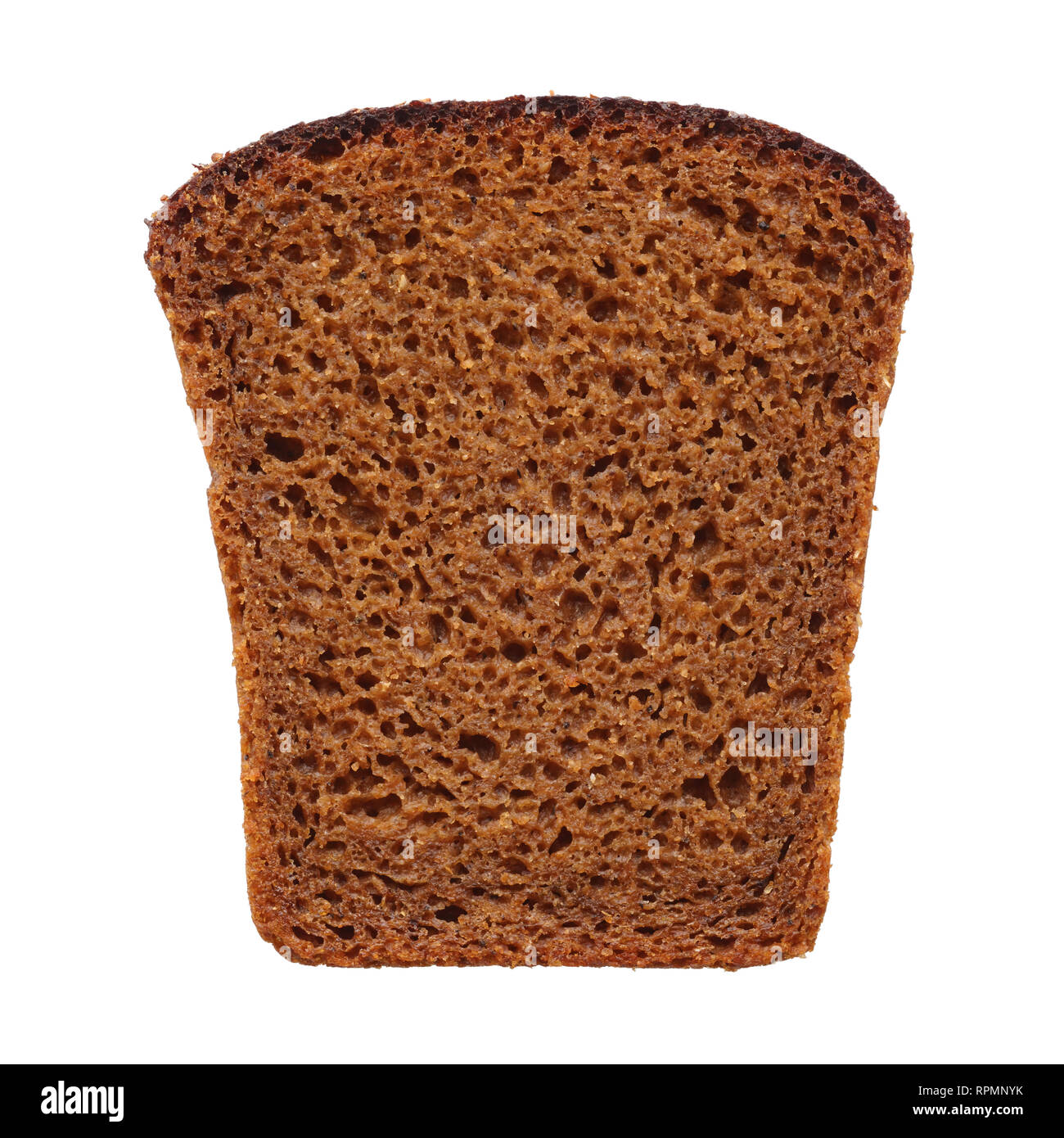 Food and drinks: single slice of fresh dark rye bread, isolated on ...