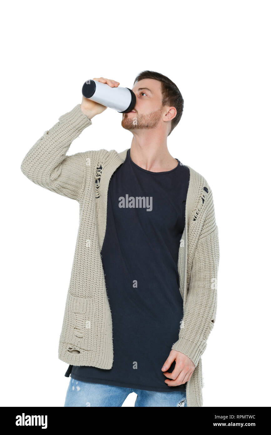 man with coffee cup. Front view of person. Isolated over white ...