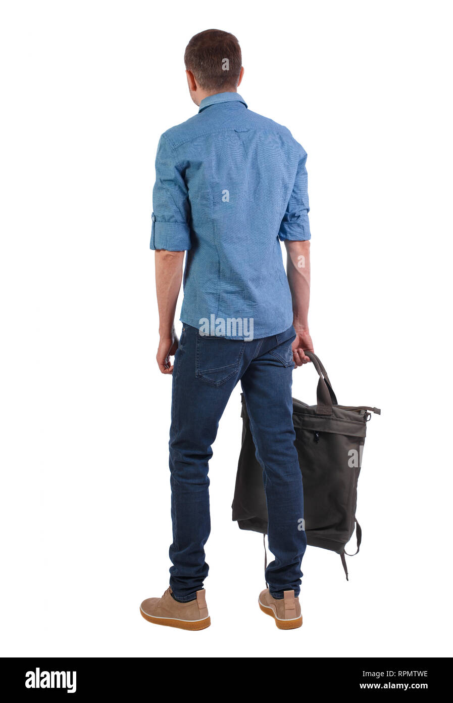 Back view of a man with a green bag. backside view of person. Rear view ...