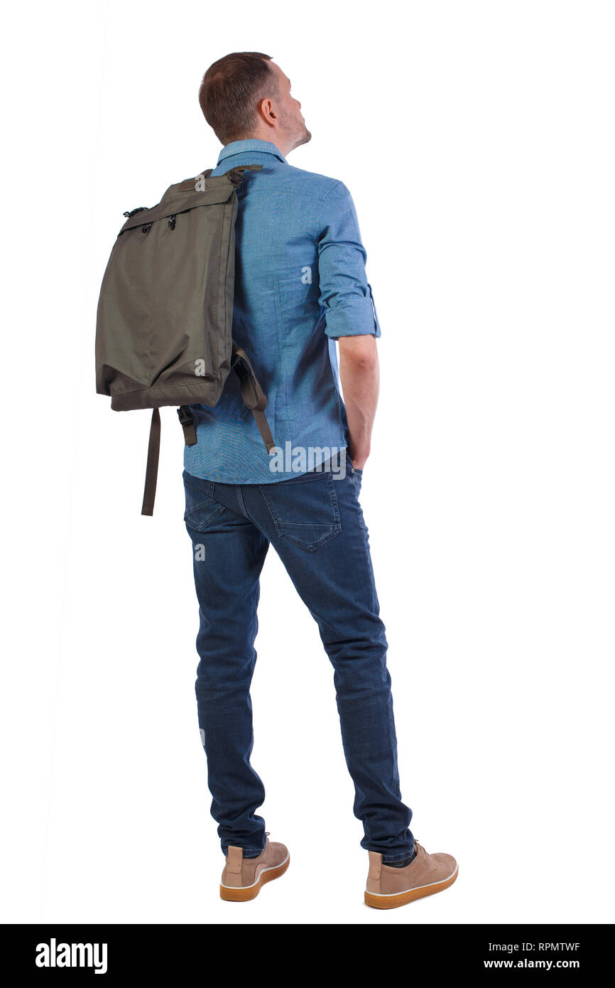 Back view of a man with a green bag. backside view of person. Rear view ...